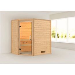 Karibu Sauna Svea (Eckeinstieg), BxTxH: 1960 x 1460 x 1980 cm, 38 mm, inklusive Ofenschutzgitter und Tür, beige