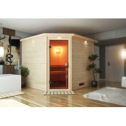 Karibu Sauna "Leona" mit Kranz und bronzierter Tür naturbelassen, BxTxH: 259 x 245 x 202 cm, 38 mm, aus hochwertiger nordischer Fichte, beige
