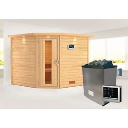 Karibu Sauna "Leona" mit Kranz und Energiespartür Ofen 9 KW externe Strg modern, BxTxH: 259 x 245 x 202 cm, 38 mm, aus hochwertiger nordischer Fichte, beige