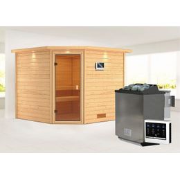 Karibu Sauna "Leona" mit Kranz und bronzierter Tür Ofen 9 kW Bio externe Strg Easy, BxTxH: 259 x 245 x 202 cm, 38 mm, aus hochwertiger nordischer Fichte, beige