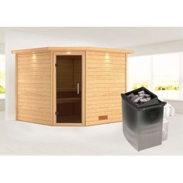 Karibu Sauna "Leona" mit Kranz und graphitfarbener Tür Ofen 9 kW integr. Strg, BxTxH: 259 x 245 x 202 cm, 38 mm, aus hochwertiger nordischer Fichte, beige