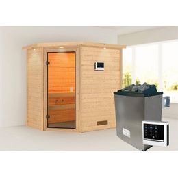 Karibu Sauna Svea (Eckeinstieg), BxTxH: 2240 x 1600 x 2020 cm, 38 mm, inklusive Ofenschutzgitter und Tür, beige