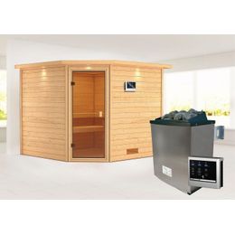 Karibu Sauna "Leona" mit Kranz und bronzierter Tür Ofen 9 KW externe Strg Easy, BxTxH: 259 x 245 x 202 cm, 38 mm, aus hochwertiger nordischer Fichte, beige