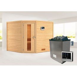 Karibu Sauna "Leona" mit Energiespartür Ofen 9 KW externe Strg modern, BxTxH: 231 x 231 x 198 cm, 38 mm, aus hochwertiger nordischer Fichte, beige