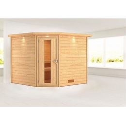Karibu Sauna "Leona" mit Kranz und Energiespartür naturbelassen, BxTxH: 259 x 245 x 202 cm, 38 mm, aus hochwertiger nordischer Fichte, beige