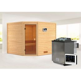 Karibu Sauna "Leona" mit bronzierter Tür Ofen 9 kW Bio externe Strg modern, BxTxH: 231 x 231 x 198 cm, 38 mm, aus hochwertiger nordischer Fichte, beige