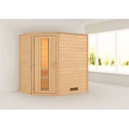 Karibu Sauna Svea (Eckeinstieg), BxTxH: 1960 x 1460 x 1980 cm, 38 mm, inklusive Ofenschutzgitter und Tür, beige