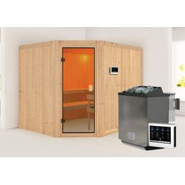 Karibu Sauna "Homa " mit bronzierter Tür und Ofen 9 kW Bio mit ext. Strg., BxTxH: 231 x 196 x 198 cm, 68 mm, mit integrierter Mineralwolldämmung, beige