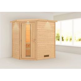 Karibu Sauna Svea (Eckeinstieg), BxTxH: 2240 x 1600 x 2020 cm, 38 mm, inklusive Ofenschutzgitter und Tür, beige