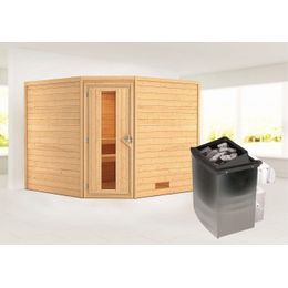 Karibu Sauna "Leona" mit Energiespartür Ofen 9 kW integr. Strg, BxTxH: 231 x 231 x 198 cm, 38 mm, aus hochwertiger nordischer Fichte, beige