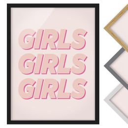 Bilderwelten Bild mit Rahmen GIRLS GIRLS GIRLS - gerahmte Wandbilder Print Spr&uuml;che Wohnzimmer Schlafzimmer Bad Badezimmer K&uuml;che Flur Esszimmer Rosa