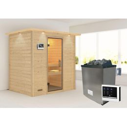 Karibu Sauna ""Sonja" mit Klarglastür und Kranz Ofen 9 KW externe Strg modern" Saunen beige (naturbelassen) Saunen