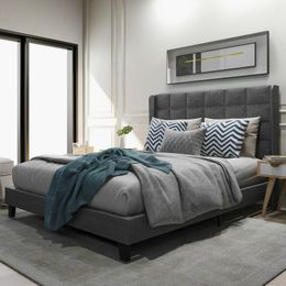 Gepolstertes Bett in modernem Design mit gepolstertem Kopfteil Doppelbett mit Lattenrost, 140x200cm, in grauem Leinen, mittelfest (ohne Matratze)