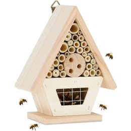 Insektenhotel Holz, Garten & Balkon, Nisthilfe für Insekten, zum Aufhängen, hbt: 19x15x8cm, Bienenhotel, natur - Relaxdays