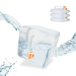 Faltbarer Wasserkanister 4er Set, 10 l, Faltkanister mit Hahn, BPA-frei, lebensmittelecht, transparent/orange - Relaxdays