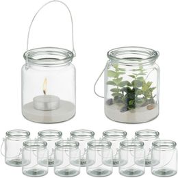 Windlicht Glas, 12er Set, Teelichthalter mit Henkel, HxD: 9,5 x 8 cm, runde Kerzengläser, transparent/silber - Relaxdays