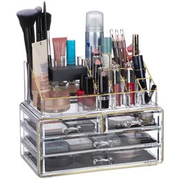 Make Up Organizer Acryl, 2-teilige Schminkaufbewahrung mit Lippenstifthalter & 4 Schubladen, transparent/gold - Relaxdays