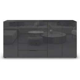 Kommode Rauch "Flipp" Sideboards Gr. B/H/T: 200 cm x 99 cm x 42 cm, 5, grau (graphit, glas basalt) Kommode 3-türig, 5 Schubladen, Soft-Close-Funktion, Oberboden und Front Glas