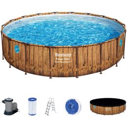 Bestway Framepool Power Steel™ (Komplett-Set), Frame Pool mit Filterpumpe Ø 549x122 cm, Holz-Optik (Pinie), braun