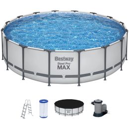 Bestway Framepool Steel Pro MAX™ (Komplett-Set), Frame Pool mit Filterpumpe Ø 488x122 cm, lichtgrau, grau