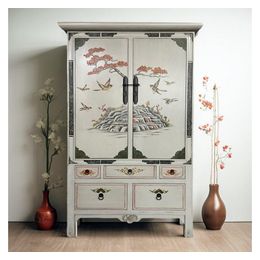 OPIUM OUTLET Kleiderschrank Chinesischer Hochzeitsschrank beige-grau Vintage-Stil (B x T x H: 90 x 60 x 160 cm; komplett montiert
