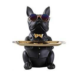 Juoungle Dekofigur Bulldogge Skulptur mit Edelstahl Tablett