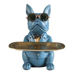 Juoungle Dekofigur Bulldogge Skulptur mit Edelstahl Tablett