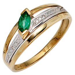 Schmuck Krone Diamantring Ring Damenring mit Smaragd grün & 2 Diamanten Brillanten 0.01Ct 585 Gelbgold