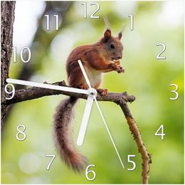 Wallario Wanduhr Eichhörnchen auf einem Ast (Glasuhr), gelb, mit weißen Zeigern