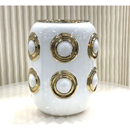 QMFTRADING Dekovase Tisch Vase Weiß Gold Kreise Keramik Klassisch Rund 23 cm