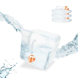 Faltbarer Wasserkanister 4er Set, 5 l, Faltkanister mit Hahn, BPA-frei, lebensmittelecht, transparent/orange - Relaxdays