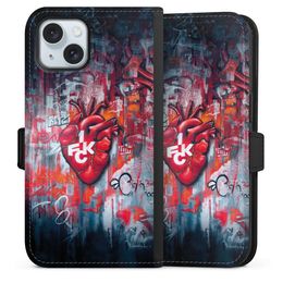 DeinDesign iPhone 15 Handy Klapph&uuml;lle Handyh&uuml;lle aus Kunst Leder schwarz Flip Case 1. Fck 1. Fc Kaiserslautern Heart Sideflip mit Lasche