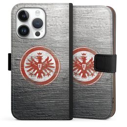 DeinDesign iPhone 14 Pro Handy Klapph&uuml;lle Handyh&uuml;lle aus Kunst Leder schwarz Flip Case Eintracht Frankfurt Sge Logo Sideflip mit langer Lasche
