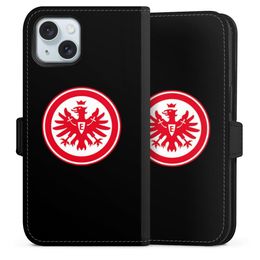 DeinDesign iPhone 15 Handy Klapph&uuml;lle Handyh&uuml;lle aus Kunst Leder schwarz Flip Case Sge Eintracht Frankfurt Eagle Sideflip mit Lasche