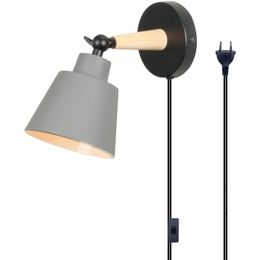 Wandleuchte mit EU-Stecker, Moderne Wandlampe Innen mit Lampenschirm im Metall & Holz, Wandstrahler Art Licht Decor für Wohnzimmer Schlafzimmer Grau