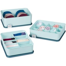 Schubladen Ordnungssystem, 3 Aufbewahrungsboxen für Unterwäsche, mit Deckel, für Socken, BHs, Unterhosen, blau - Relaxdays