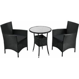 Polyrattan Balkon Set Bayamo 2 Personen – Tisch mit Glasplatte & 2 Stühlen – Wetterfeste Balkonmöbel – Auflagen waschbar – schwarz – grau - Juskys