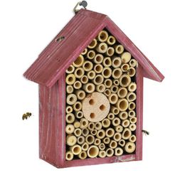 Insektenhotel, Nisthilfe für Wildbienen & Wespen, hbt 20 x 17 x 8,5 cm, Garten, Balkon, Bienenhotel, Holz, rot - Relaxdays