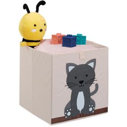 Aufbewahrungsbox Kinder, Katze, HxBxT: 33 x 33 x 33 cm, Stoffbox, faltbar, Spielkiste Kinderzimmer, beige/grau - Relaxdays