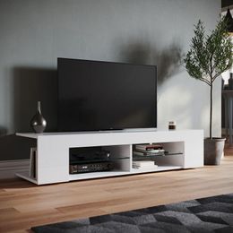 Tv Schrank mit led Beleuchtung Hochglanz Lowboard Weiß,Glasböden,ohne Schranktüren,135cm breit - Sonni