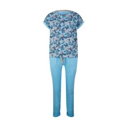 Tom Tailor Damen Pyjama Set mit gemustertem Oberteil, blau, Muster, Gr. 44