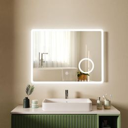 Badspiegel Wandspiegel mit Beleuchtung led Badspiegel mit Energiesparend, 80×60cm Touchschalter,Beschlagfrei,3 Lichtfarbe,Dimmbar,3-fach Vergrößerung