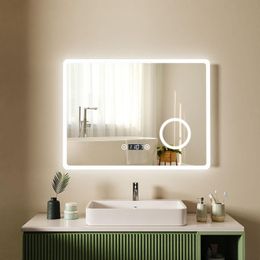 Badspiegel Wandspiegel mit Beleuchtung led Badspiegel mit Energiesparend, 80×60cm Touchschalter,Beschlagfrei, Dimmbar, 3-fach Vergrößerung, Uhr