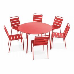 Oviala - Runder Gartentisch und 6 Metallstühle Rot - Rot