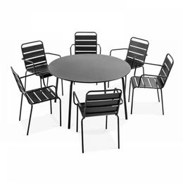 Oviala - Runder Gartentisch und 6 Sessel aus grauem Metall Grau - Kohlengrau