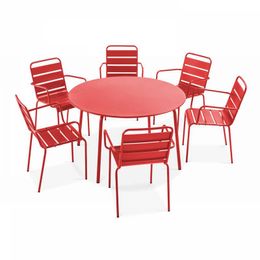 Oviala - Runder Gartentisch und 6 Sessel aus grauem Metall Rot - Rot