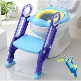 Toilettensitz Kinder mit Treppe, Lerntöpfchen mit Treppe Baby Wc-Sitz mit pu Gepolstert Kissen und Griffen Töpfchen (Blau und Lila) - Aufun