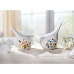 2x Vogel Blumenwiese aus Porzellan, creme-weiß glänzend, Dekofigur, Porzellanfigur, Frühlingsdeko