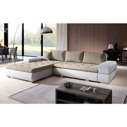 Ecksofa L-form Sonia - Universelle Ottomane - Sofa mit Schlaffunktion & Bettkasten - Beige/Weiß - Beige / Weiss - Graingold