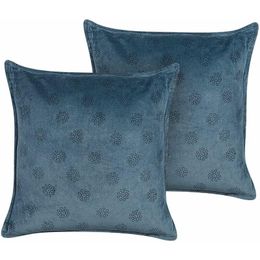 Beliani Dekokissen 2er Set Dunkelblau Samt und Baumwolle Bezug mit Füllung Geometrisches Muster 45 x 45 cm Modern Sofakissen Wohnzimmer Schlafzimmer - Blau